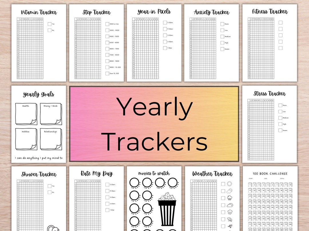 Yearly Trackers Bundle, Printable Bullet Journal Pages, Motivational ...