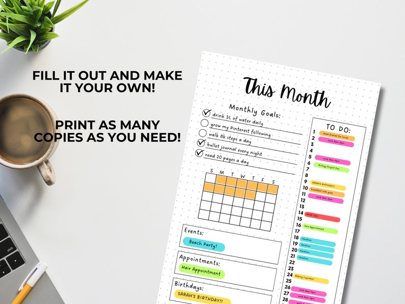 Printable Monthly Organization Planner Page, Motivational Month at a ...