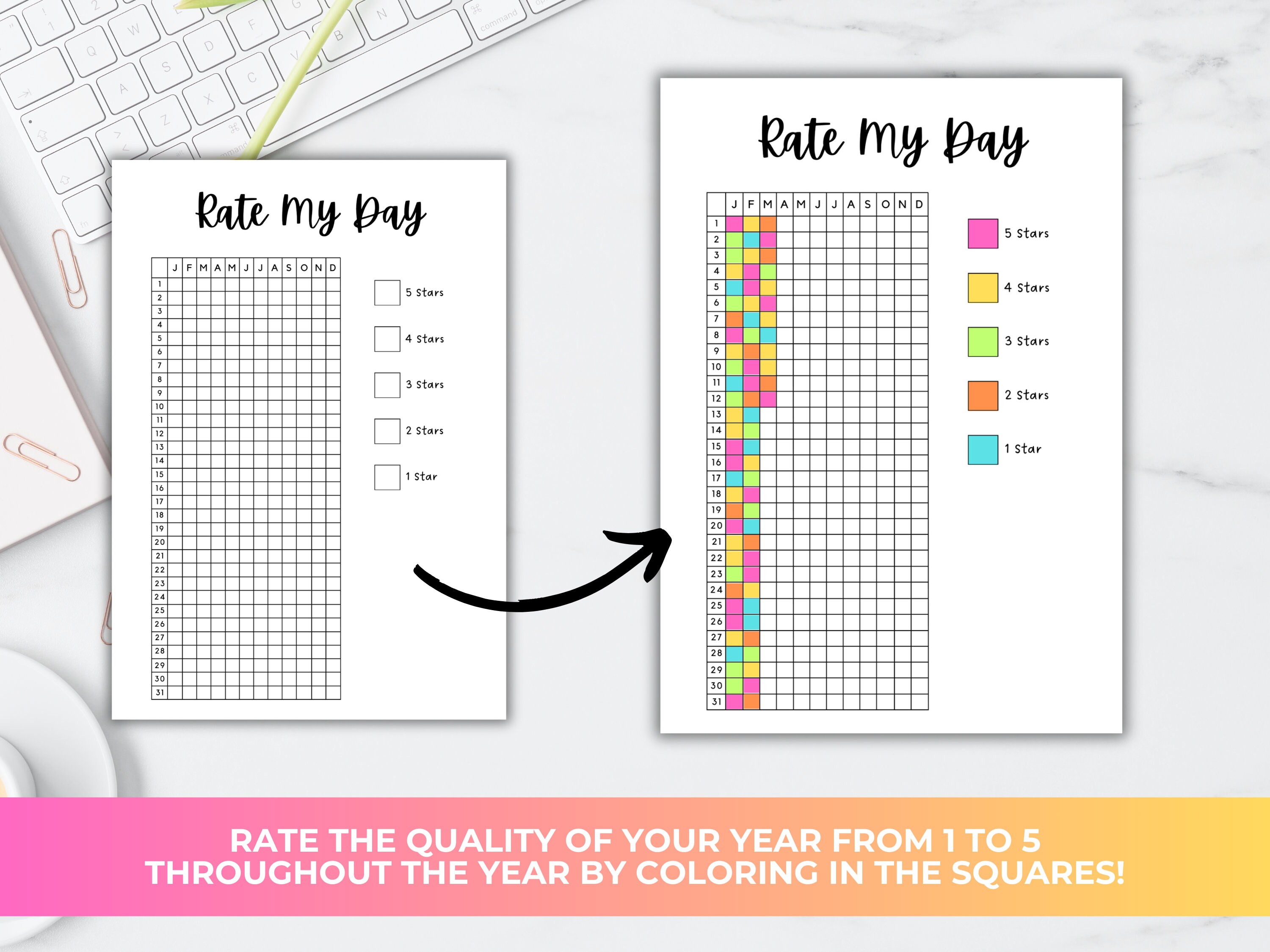 Rate My Day Journal Page, Printable Tracker, Daily Mood Tracker, Year in Pixels, A5 BUJO ...