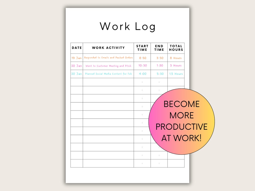 Work Hours Log, Printable Work Activity Time Card, Work Schedule ...
