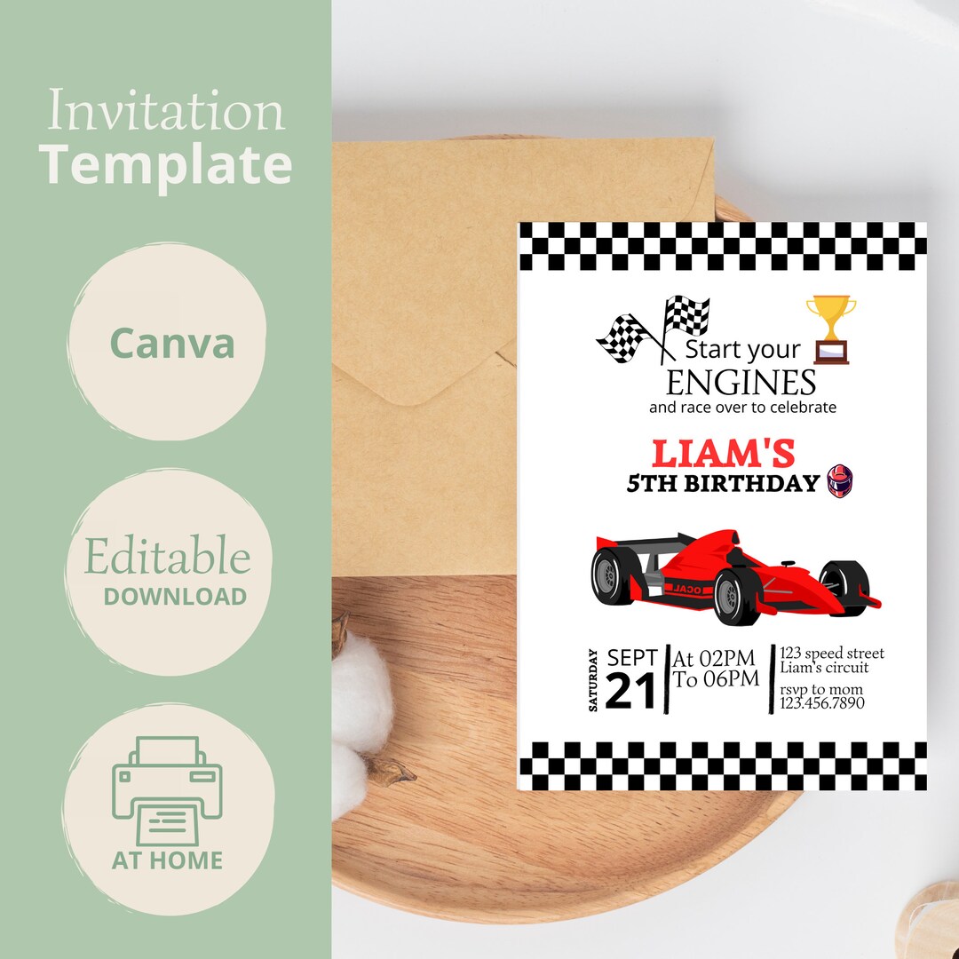 Race Car Birthday Party Invitation Editable Canva Template L Formula ...