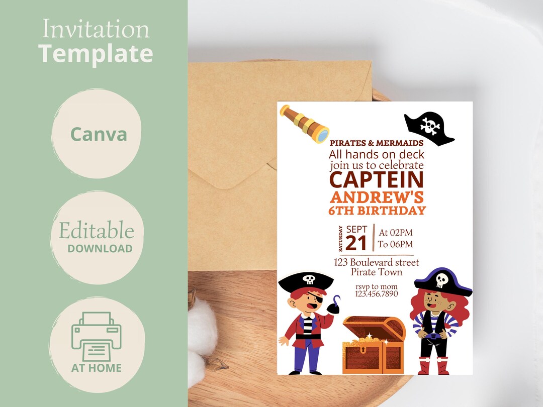 Pirates & Mermaids Birthday Party Invitation Editable Canva Template L ...
