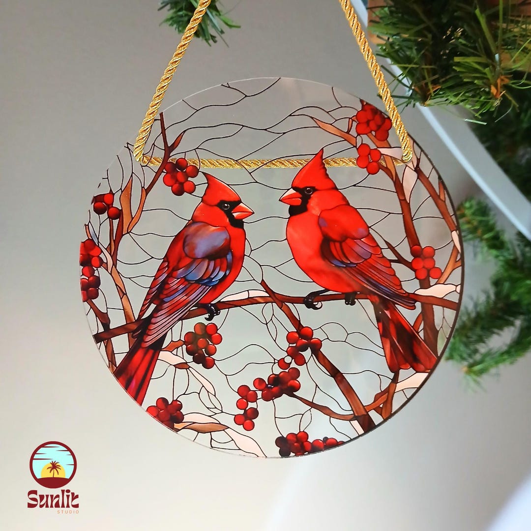 Red Cardinal Acrylic Glass, Red Bird Suncatcher Window Hanging ...
