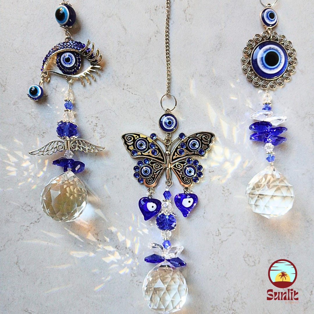 Butterfly Evil Eye Suncatcher Set With Crystal | Blue Butterfly Crystal ...