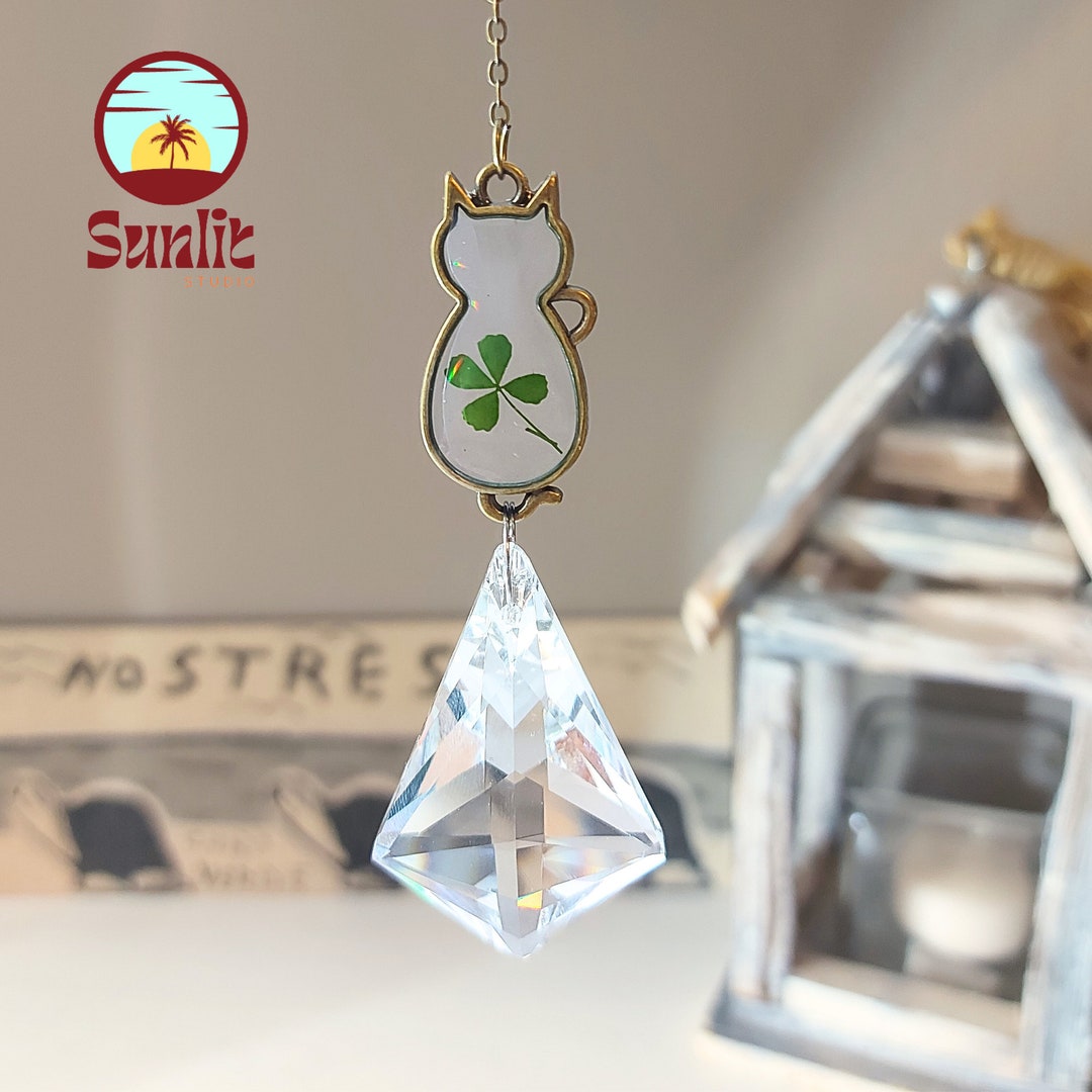 Cat Suncatcher, Cat Wall Hanging, Four Leaf Clover Suncatcher, Crystal ...