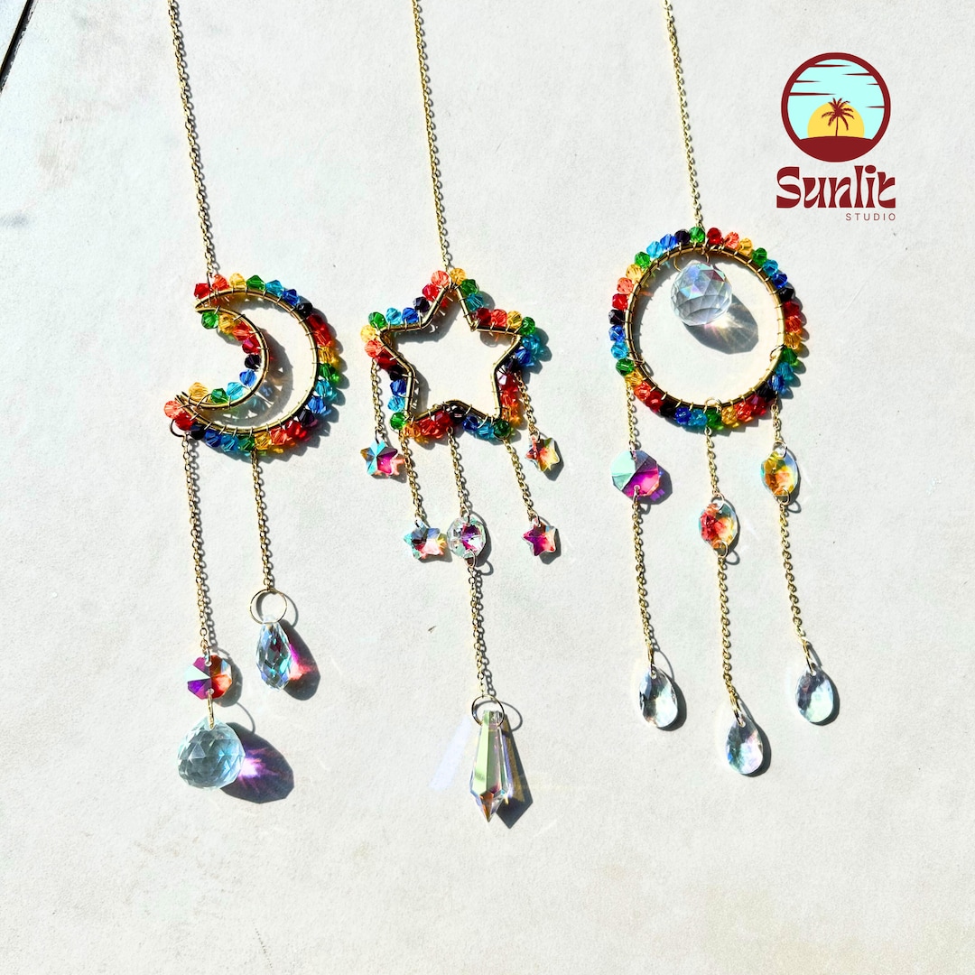 Set of 3 Crescent Moon Suncatchers – Celestial Hanging Decor With Sun ...