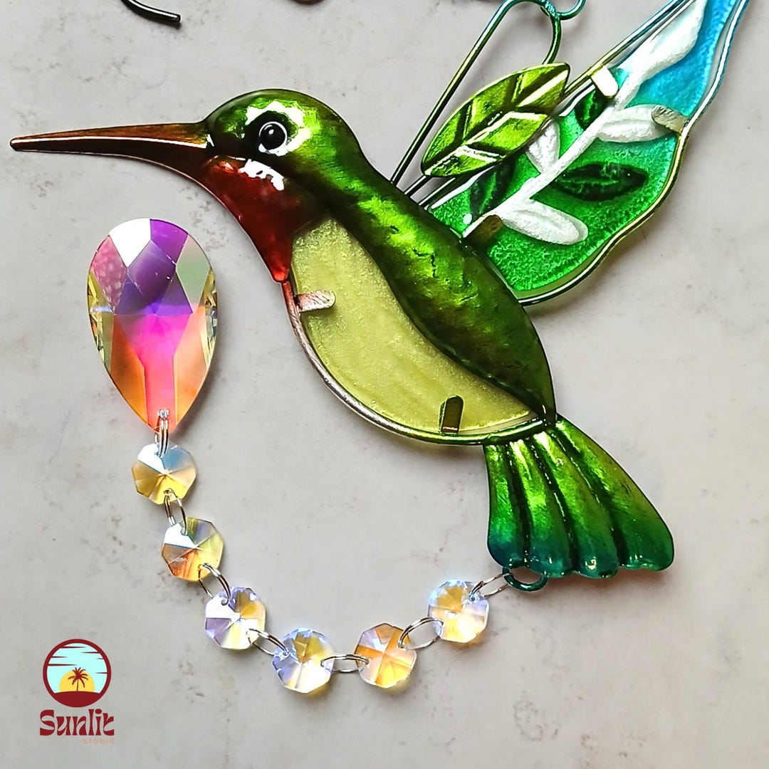 Hummingbird Crystal Suncatcher, Metal Humming Bird Stained Glass Sun ...