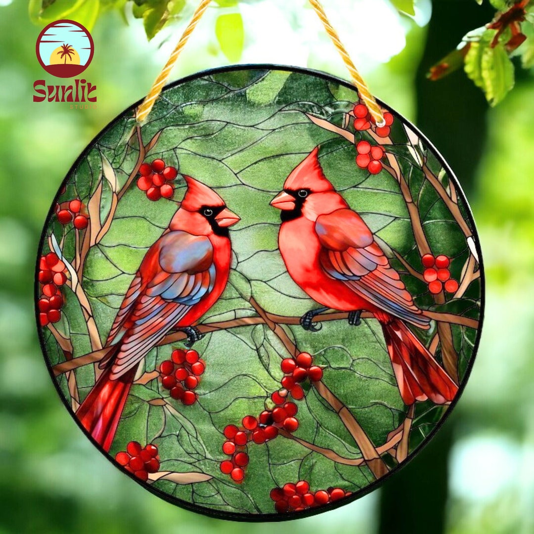 Red Cardinal Acrylic Glass, Red Bird Suncatcher Window Hanging ...