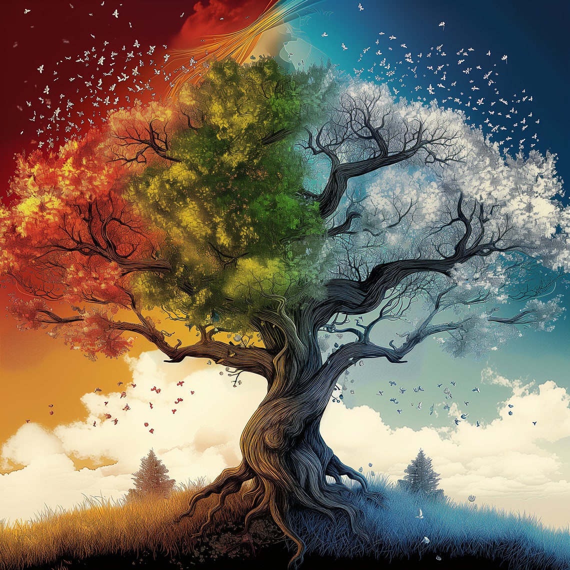 Four Seasons Tree Detailed Seasonal Tree Illustration DIGITAL DOWNLOAD ...