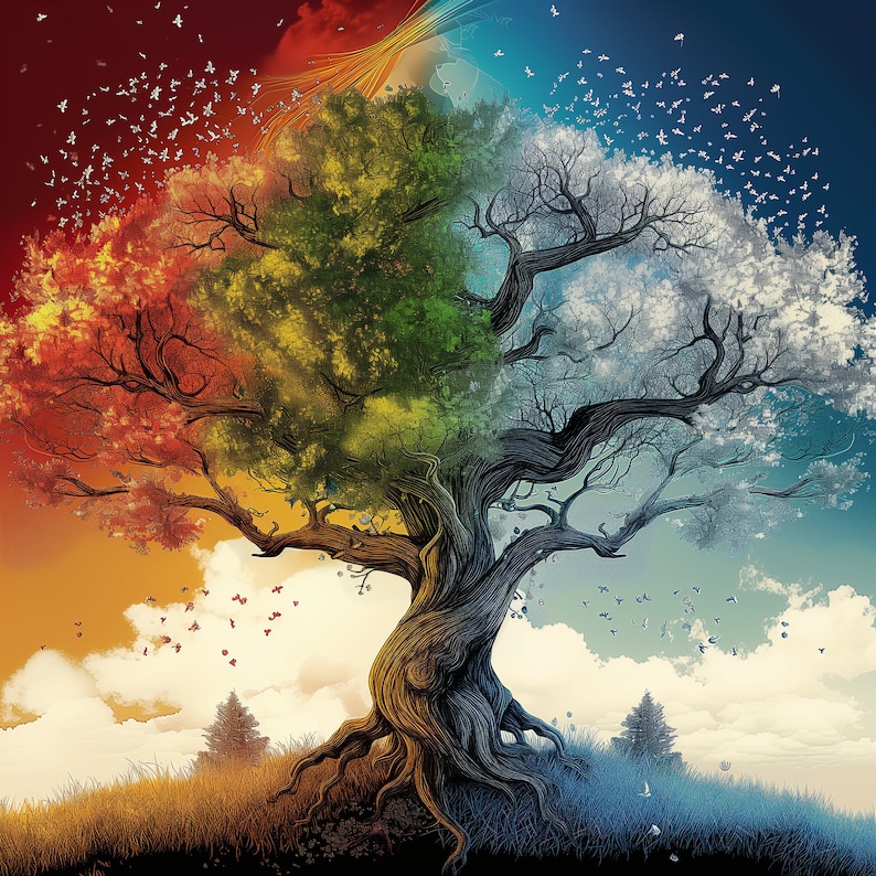 Four Seasons Tree Detailed Seasonal Tree Illustration DIGITAL DOWNLOAD ...