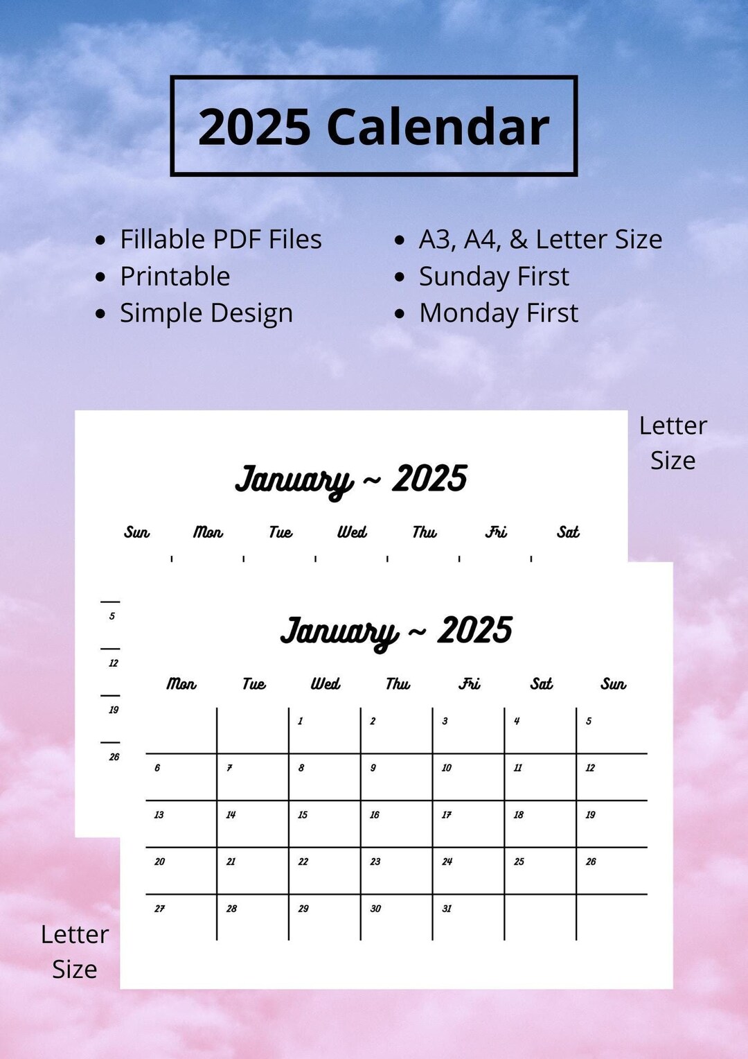 Printable 2025 Calendar - Simple Black and White Design - Etsy