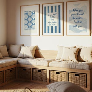 Coastal Christian Wall Art Blue Nautical Print Striped Wall Art Beach ...