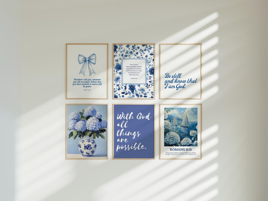 Modern Christian Wall Art Bundle Blue Bible Verse Print Blue Hydrangea ...