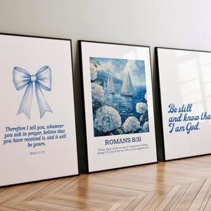 Modern Christian Wall Art Bundle Blue Bible Verse Print Blue Hydrangea ...
