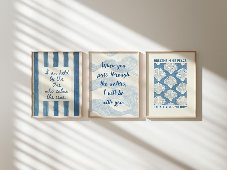Coastal Christian Wall Art Blue Nautical Print Striped Wall Art Beach ...