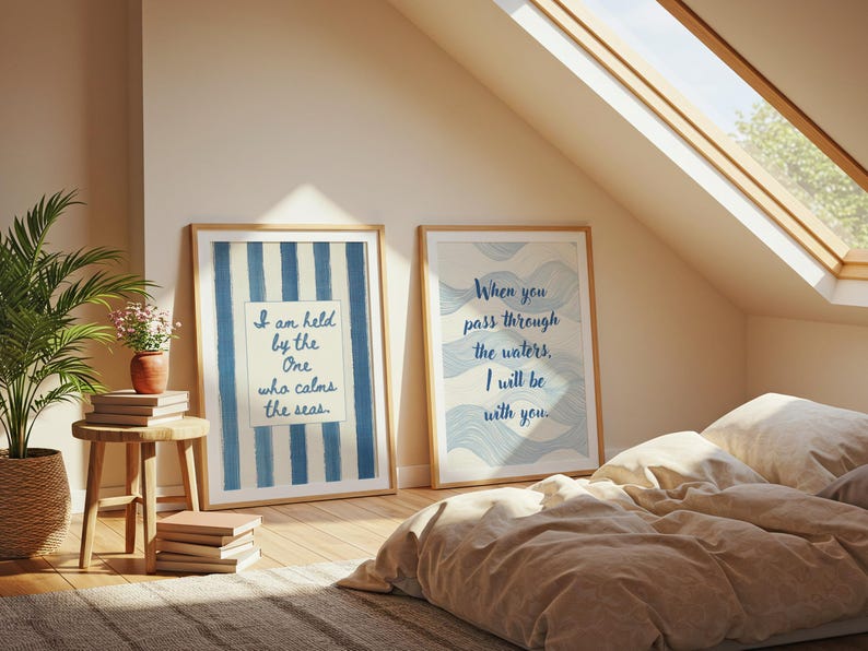 Coastal Christian Wall Art Blue Nautical Print Striped Wall Art Beach ...