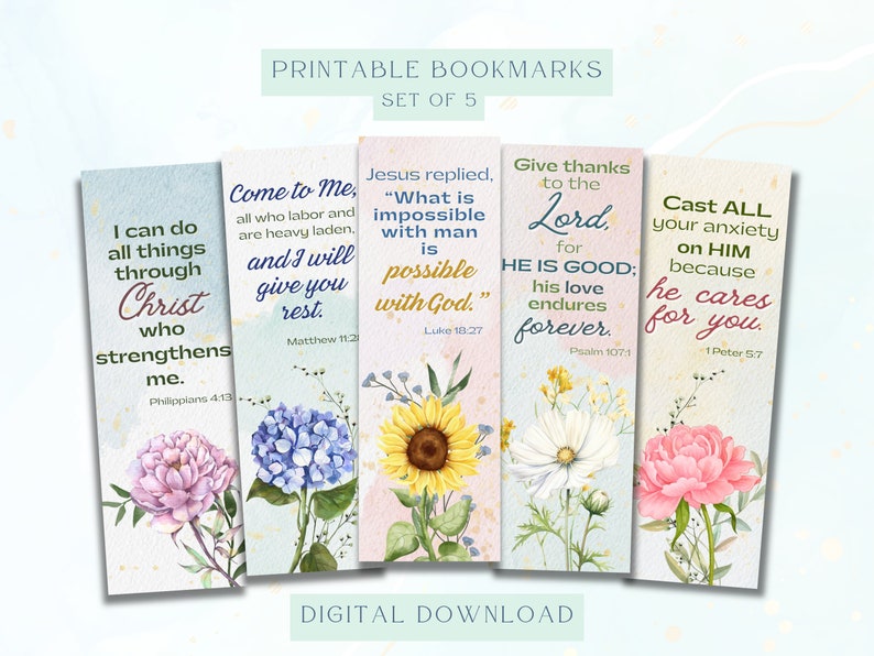 Inspirational Bible Verse Bookmark Set of 5, Bible Verse Bookmarks ...