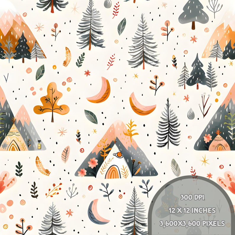 Seamless Boho Mountain Patterns, Watercolor Mountain Boho Digital Paper, Instant Download, 300 ...