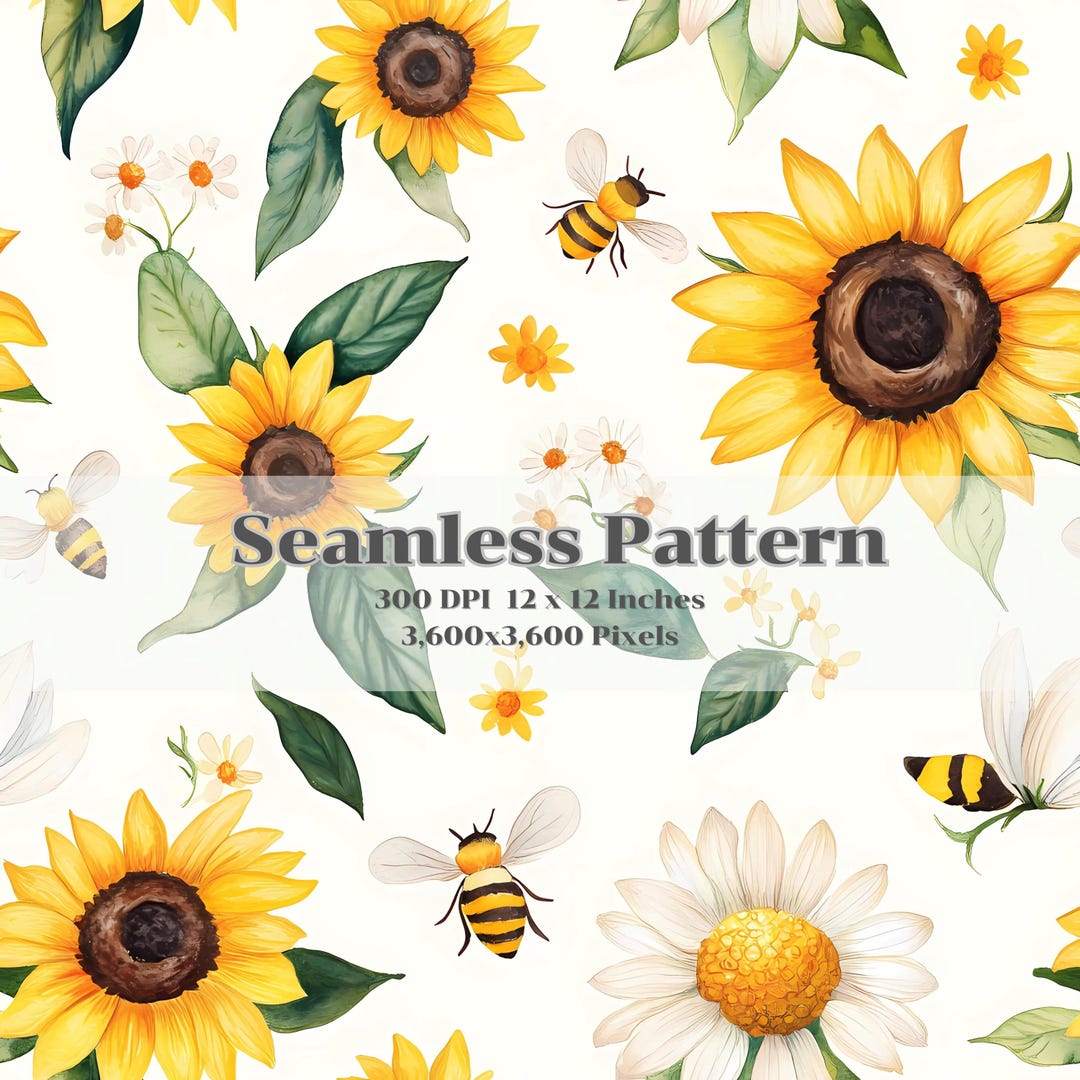 High-res Watercolor Sunflower and Bee Seamless Pattern, 300 DPI - Etsy