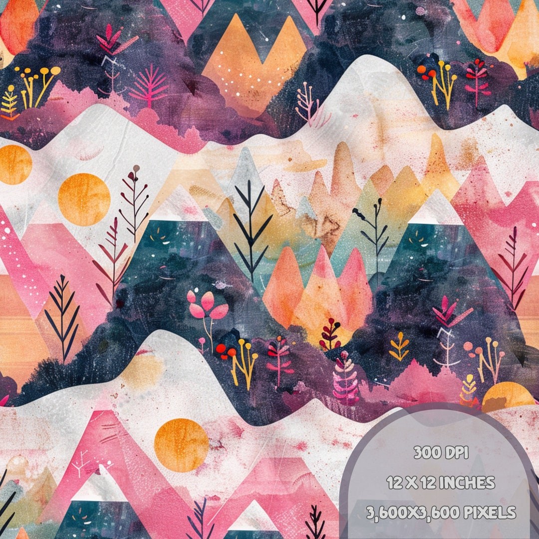 3 Seamless Boho Mountain Patterns, Watercolor Mountain Boho, Digital ...