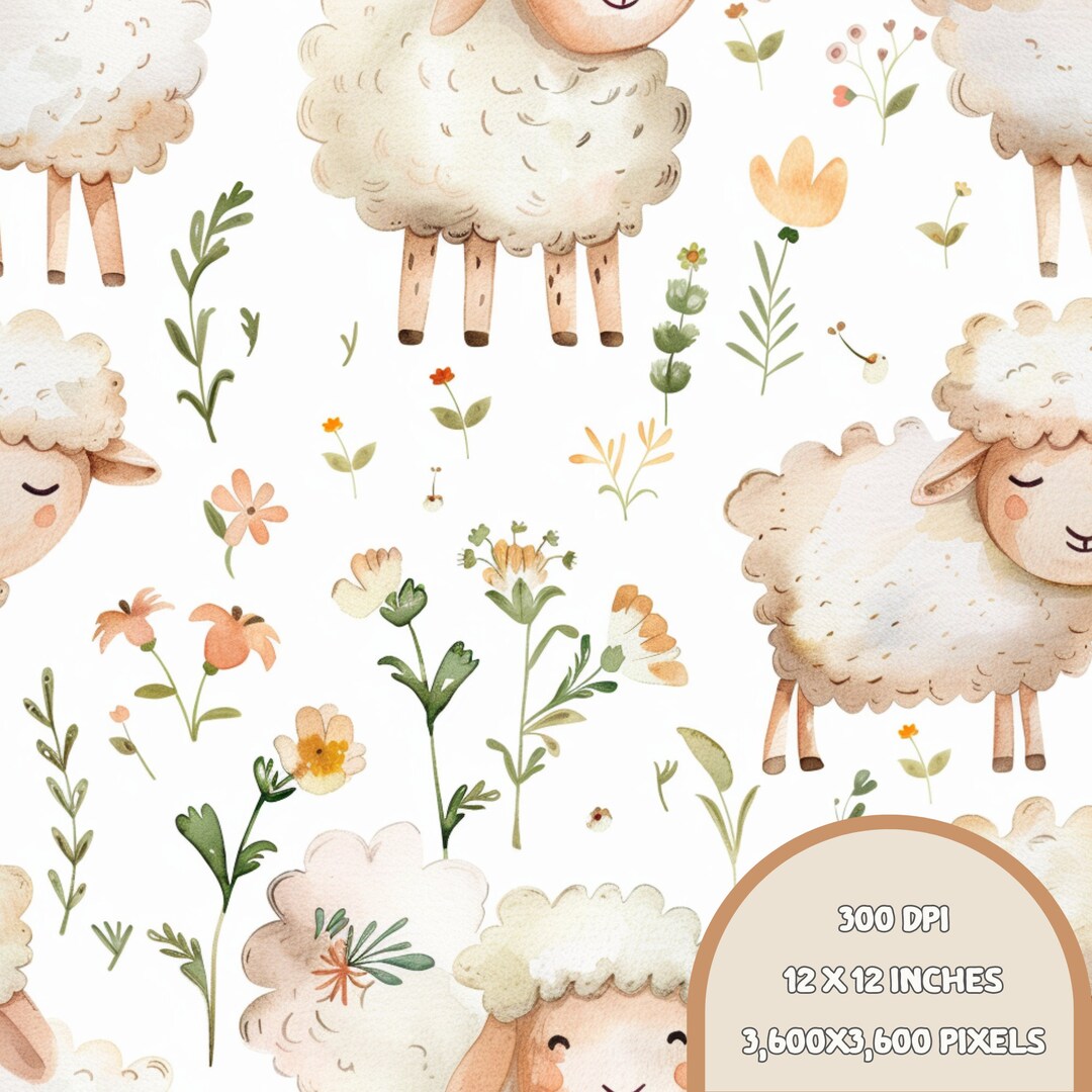 Watercolor Cute Sheeps Digital Seamless Pattern Commercial Use. Digital ...