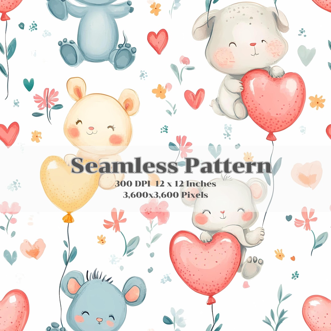 High-res Watercolor Cute Animals With Heart Balloons and Flowers ...