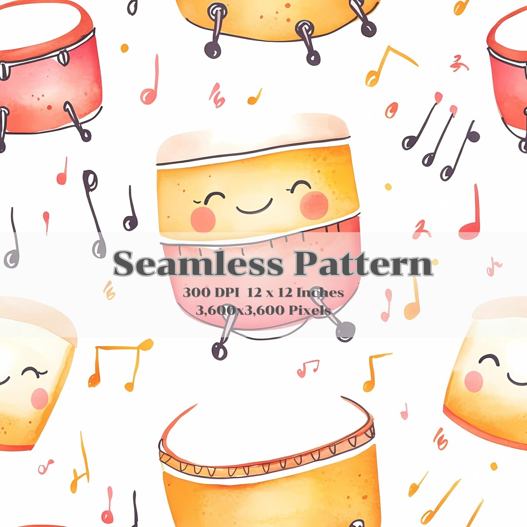 High-res Watercolor Cute Drums and Music Notes Seamless Pattern, 300 ...