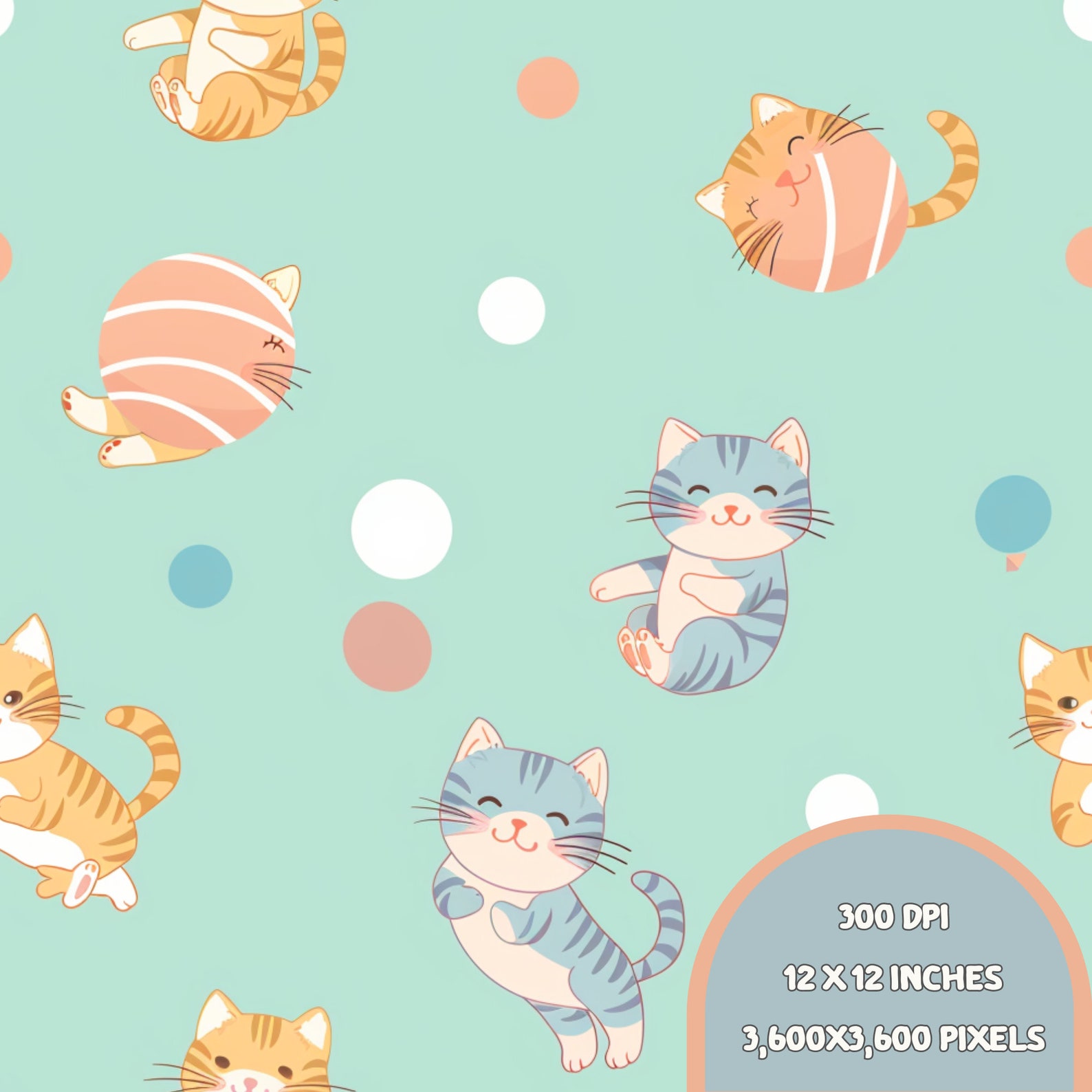 Cute Cats Seamless Pattern, Summer Animals Fabric Print (digital ...