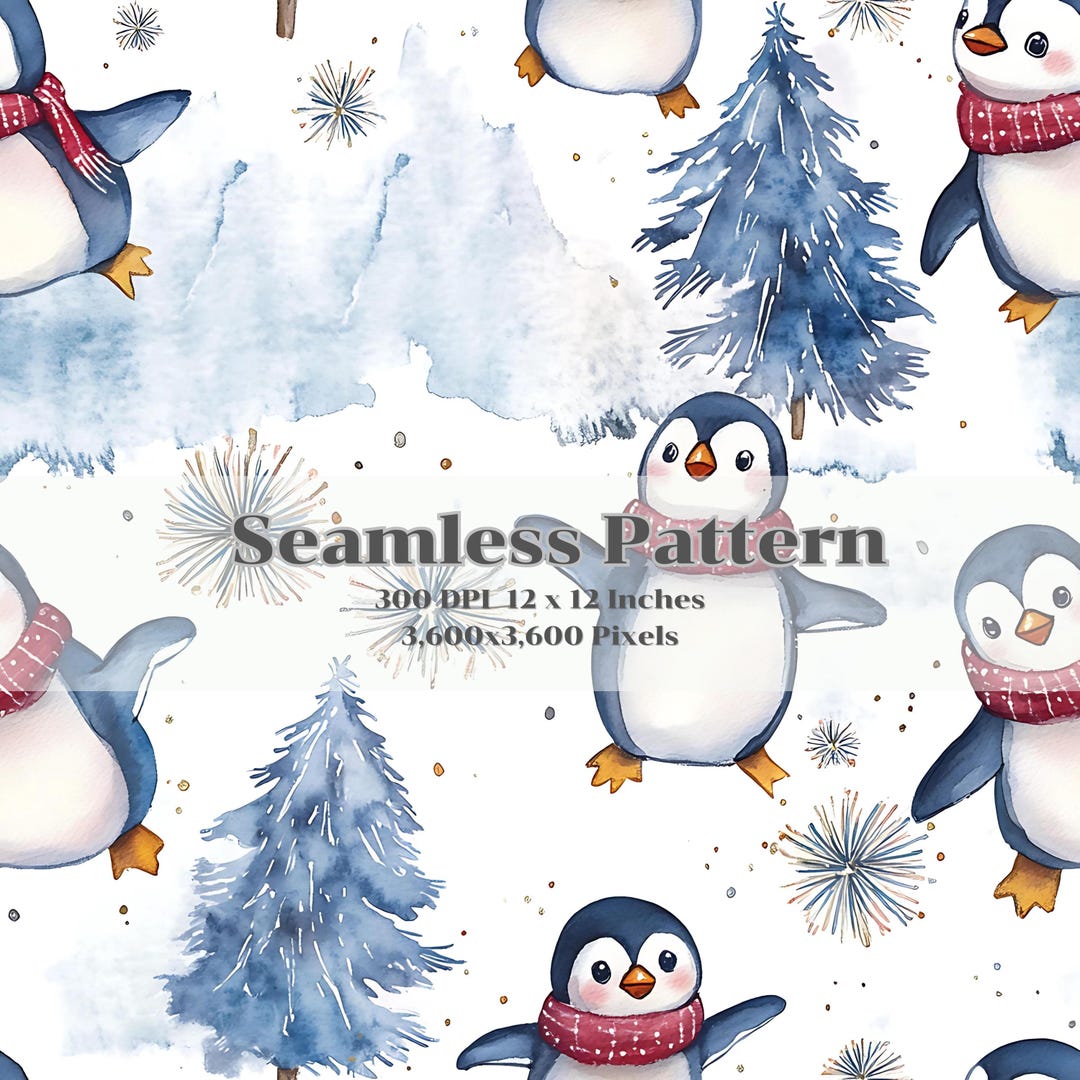 High-res Seamless Winter Penguin Pattern, 300 DPI, 12x12 Inches, PNG ...