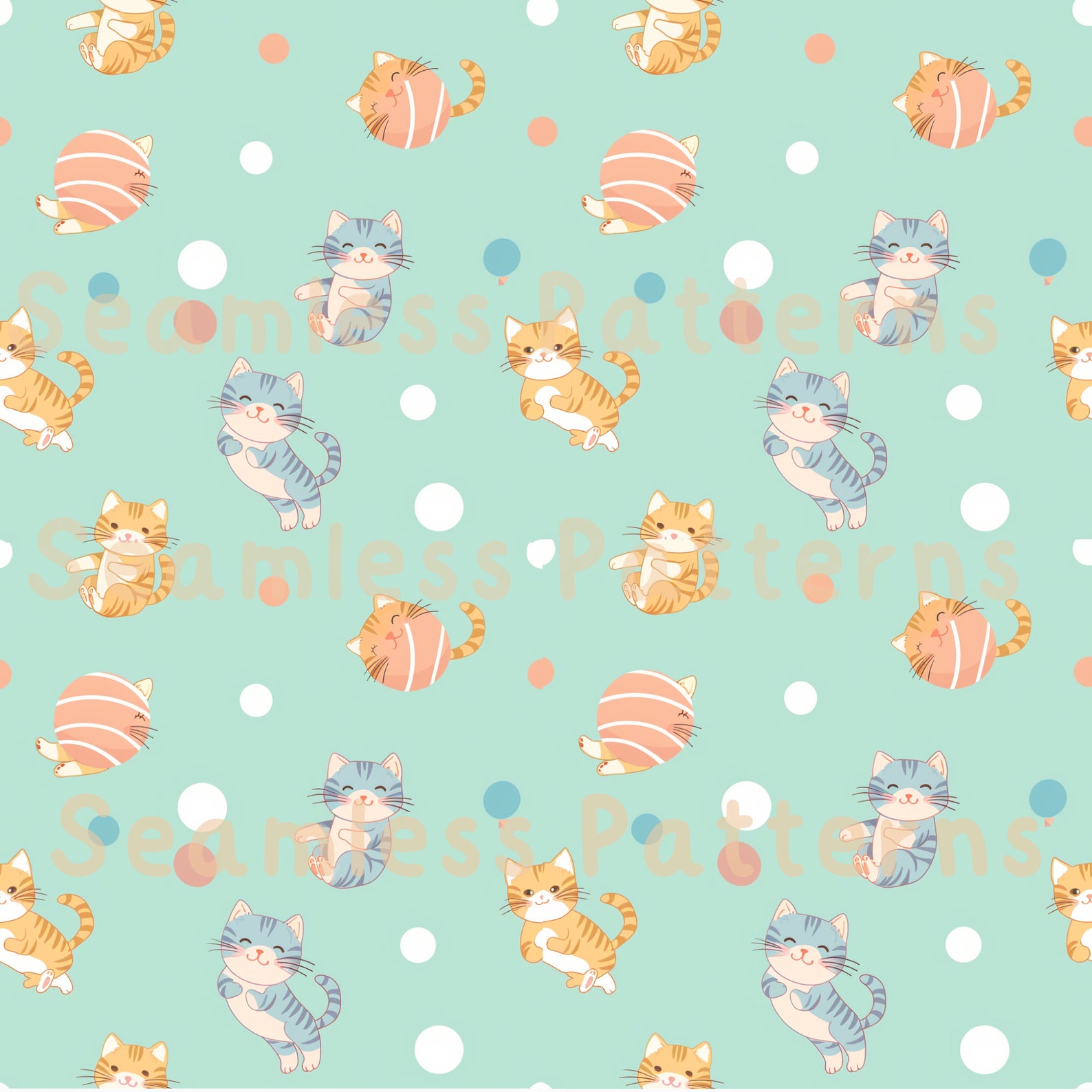 Cute Cats Seamless Pattern, Summer Animals Fabric Print (digital ...