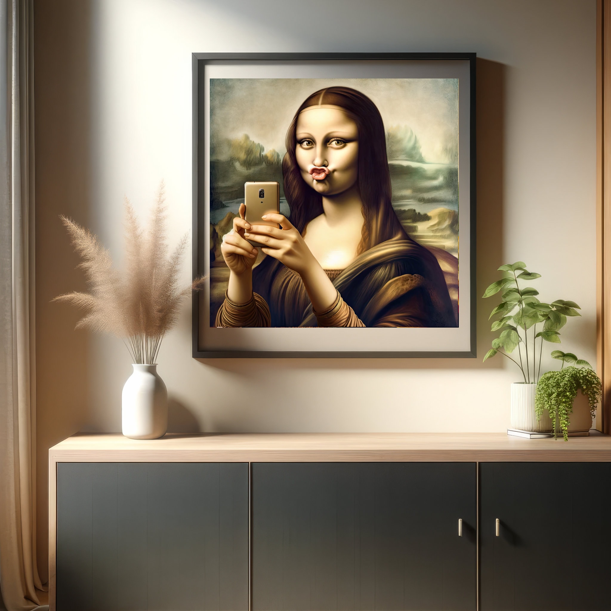 Mona Lisa Painting Holding a Smartphone, Showing Duckface, Originally ...