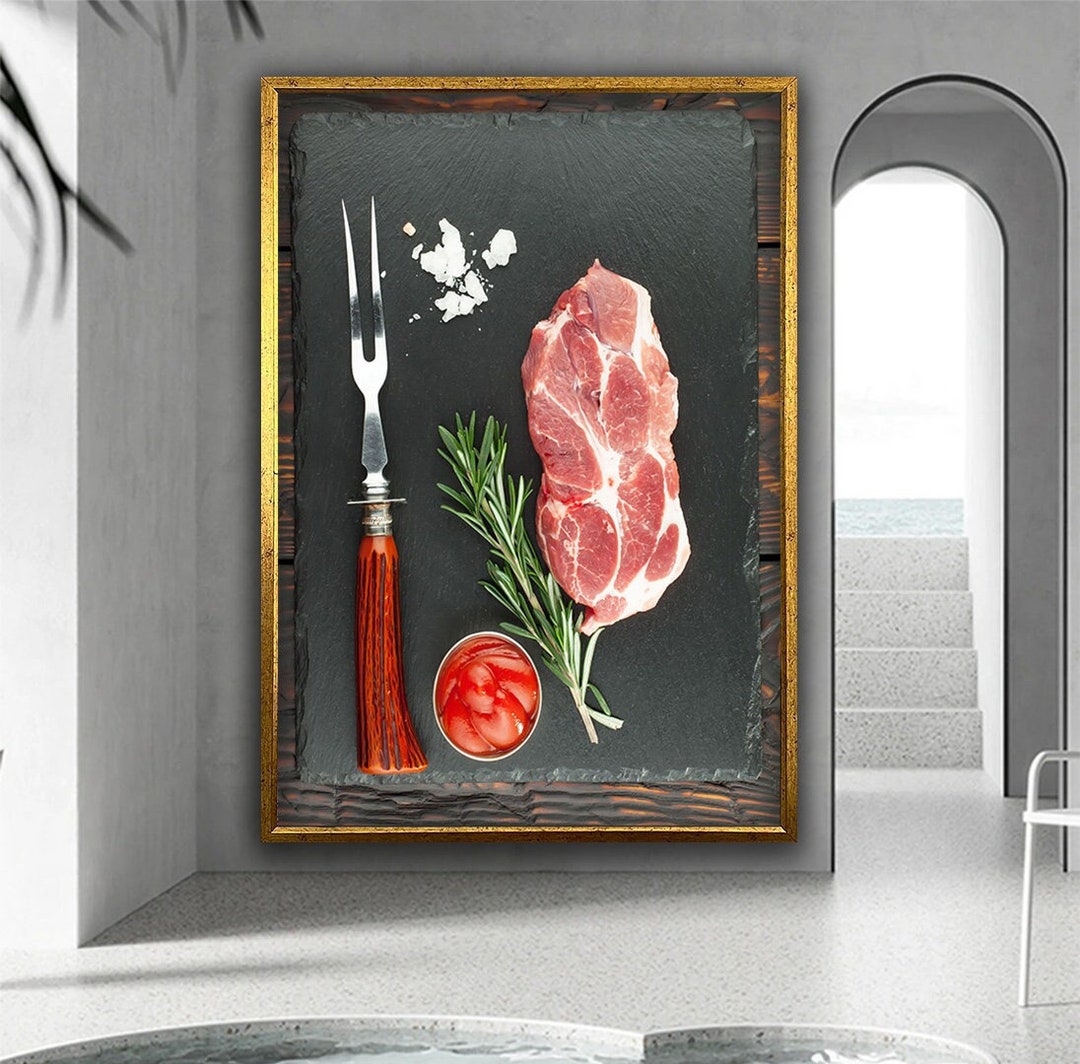 Meat Restaurant Canvas Painting, Red Meat Cow Figure Canvas Print ...