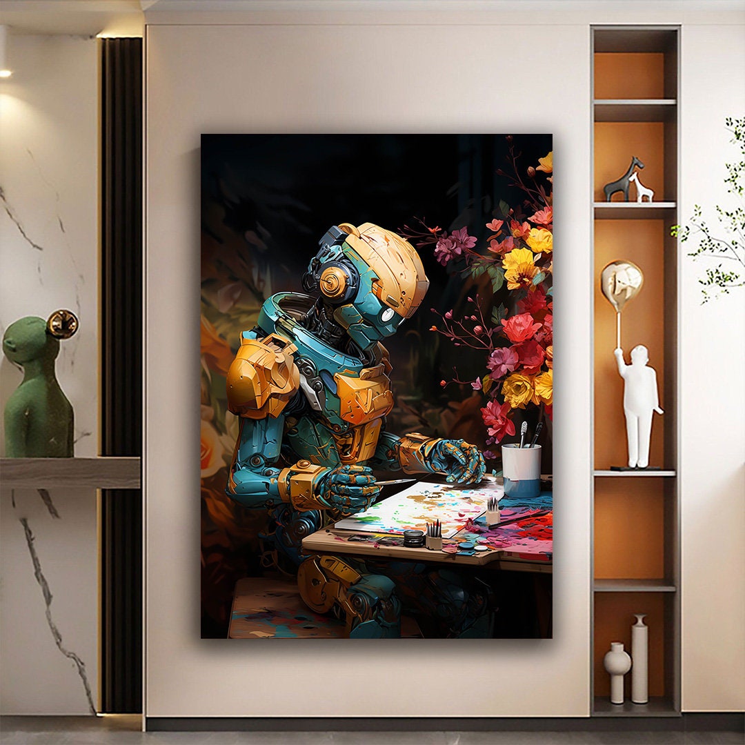 Painter Robot Wall Decor, Robot Canvas Painting, Artificial ...