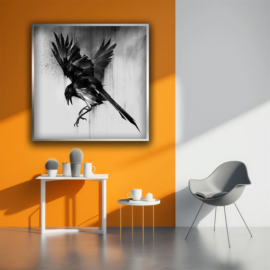 Wet Crow Canvas Painting, Dark Night Crow Wall Painting, Crow Sitting ...