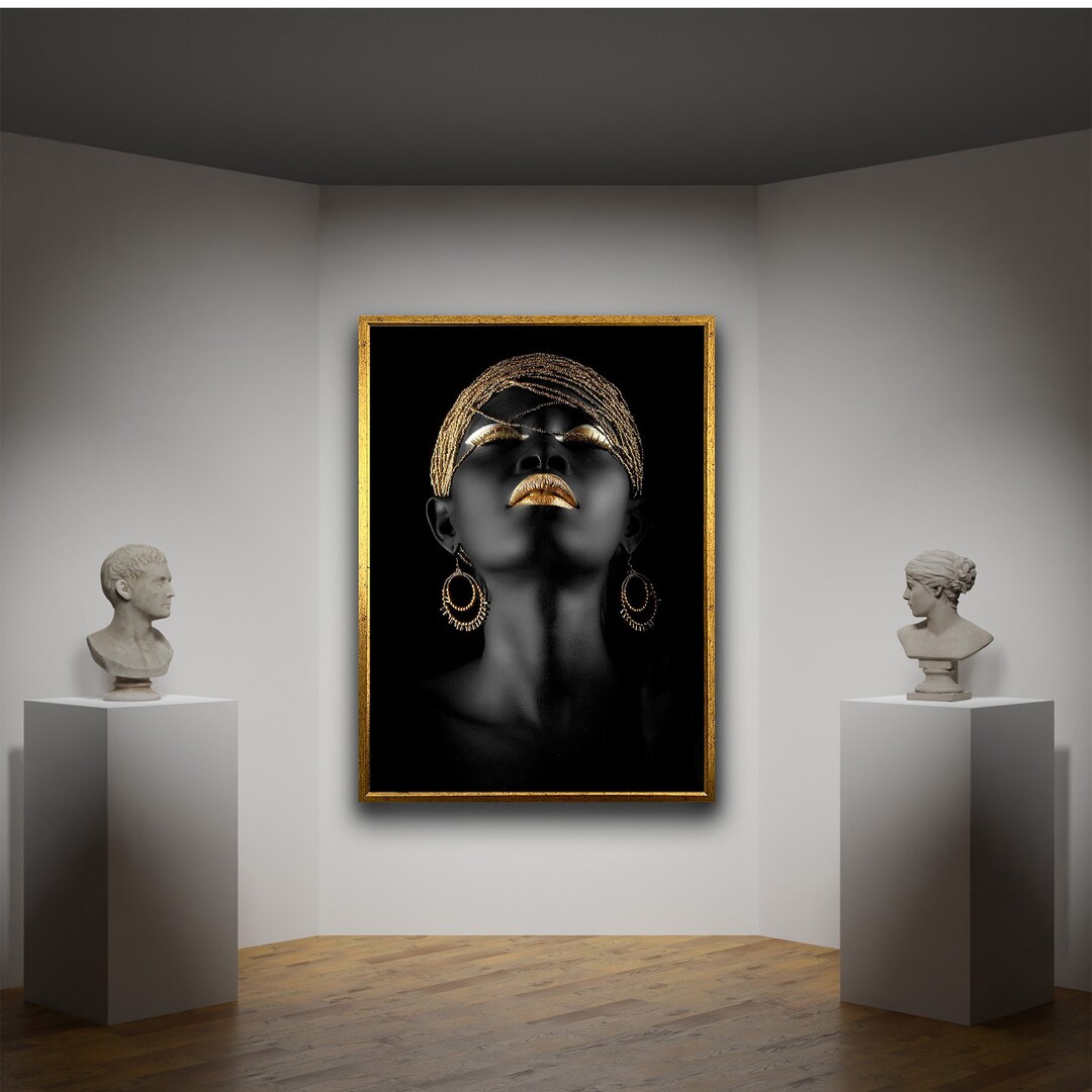 Dark African Woman Wall Decor, Gold Face Design Black Woman, Black Woman Canvas Panel, African ...
