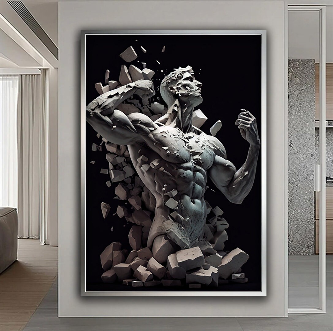 Grayscale Greek Poster Canvas Print, Muscular Man With Stone Carved ...