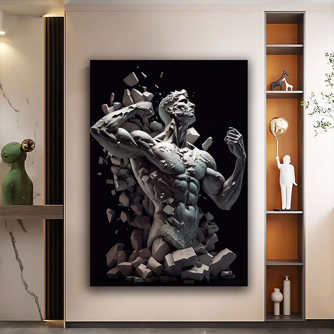 Grayscale Greek Poster Canvas Print, Muscular Man With Stone Carved ...