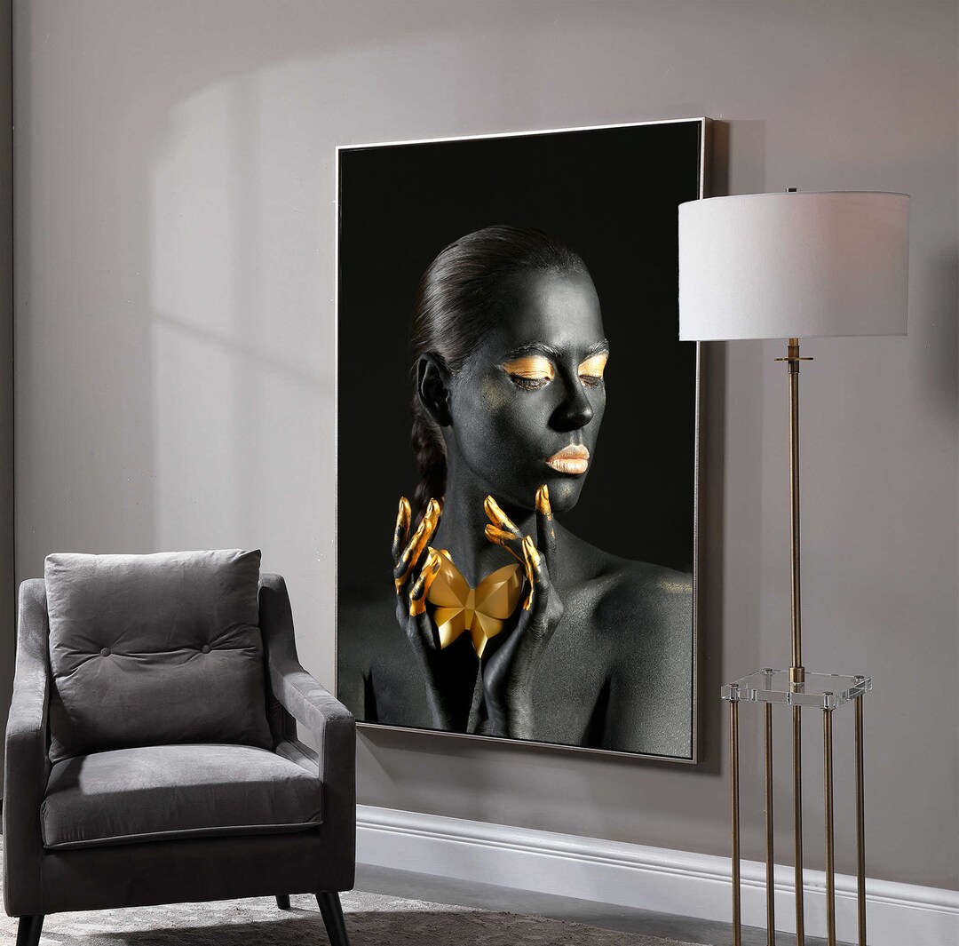Dark African Woman Wall Decor, Gold Face Design Black Woman, Black Woman Canvas Panel, African ...