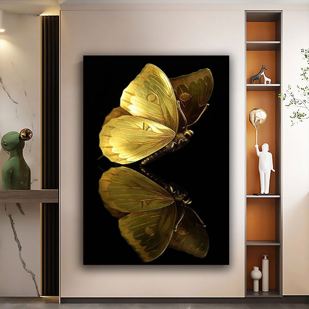 Butterfly Canvas Painting, Butterfly Reflection in Water Wall Art, Yellow Butterfly Print, Large ...