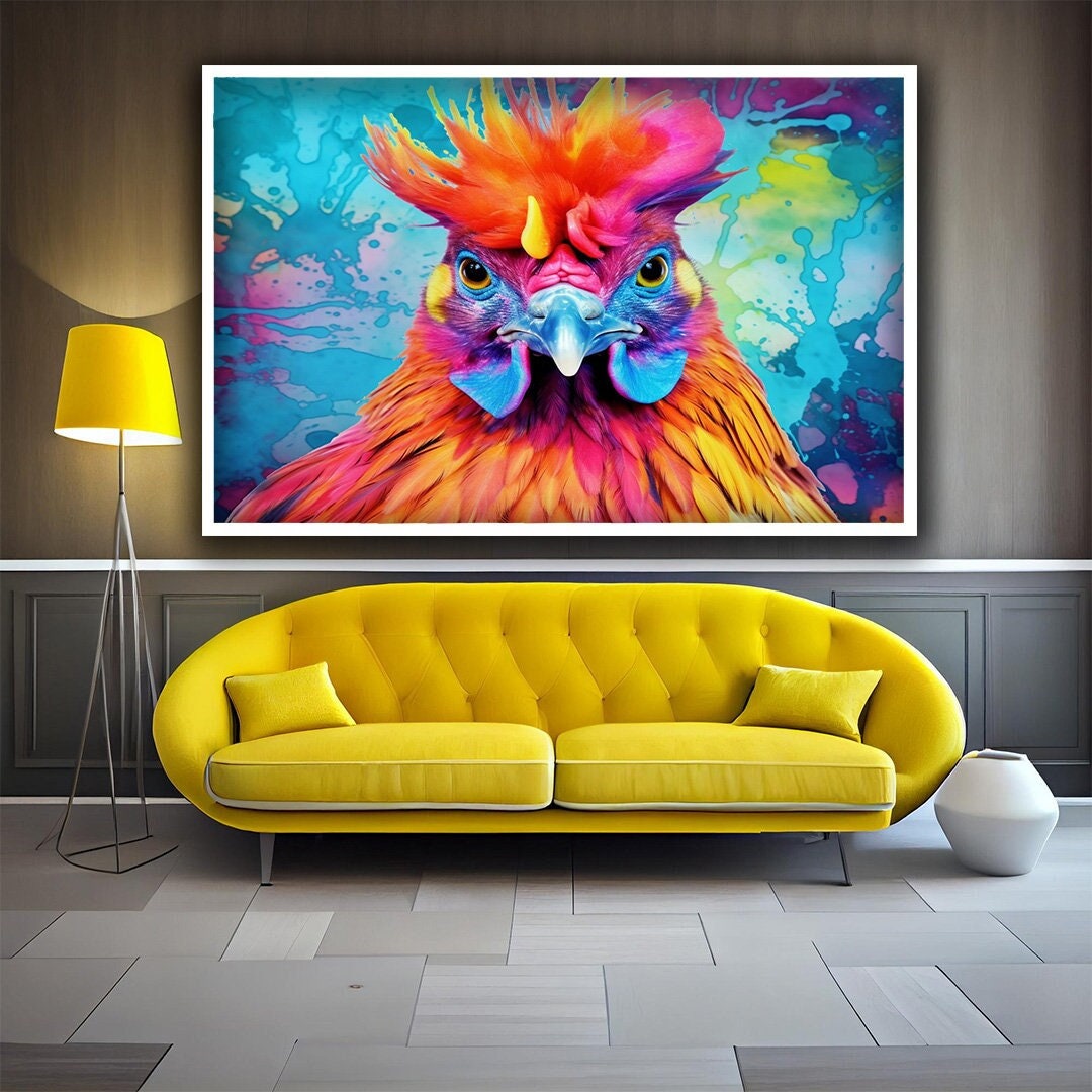 Colorful Feathered Rooster Canvas Print, Colorful Chicken Wall Art ...