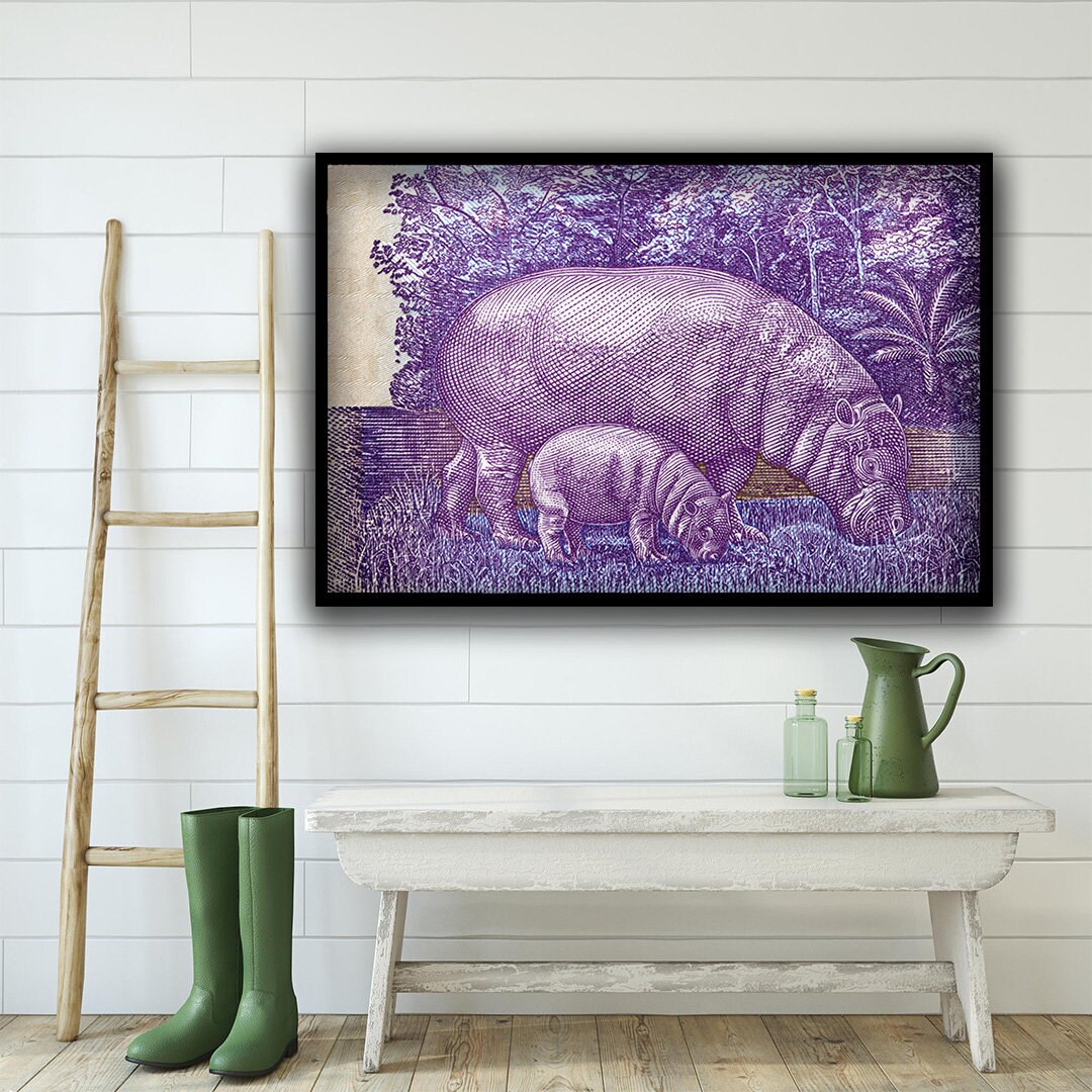 Line Art Hippo Canvas Print, Hippo Canvas Painting, Mother Baby Hippo ...