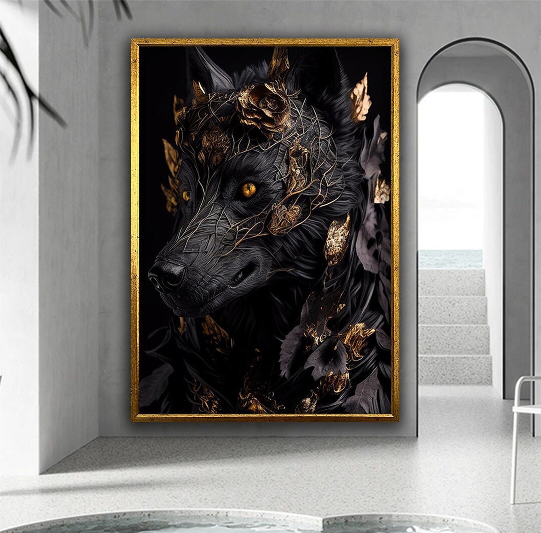 Black Wolf Canvas Painting, Black Wolf Wall Art With Gold Flower ...