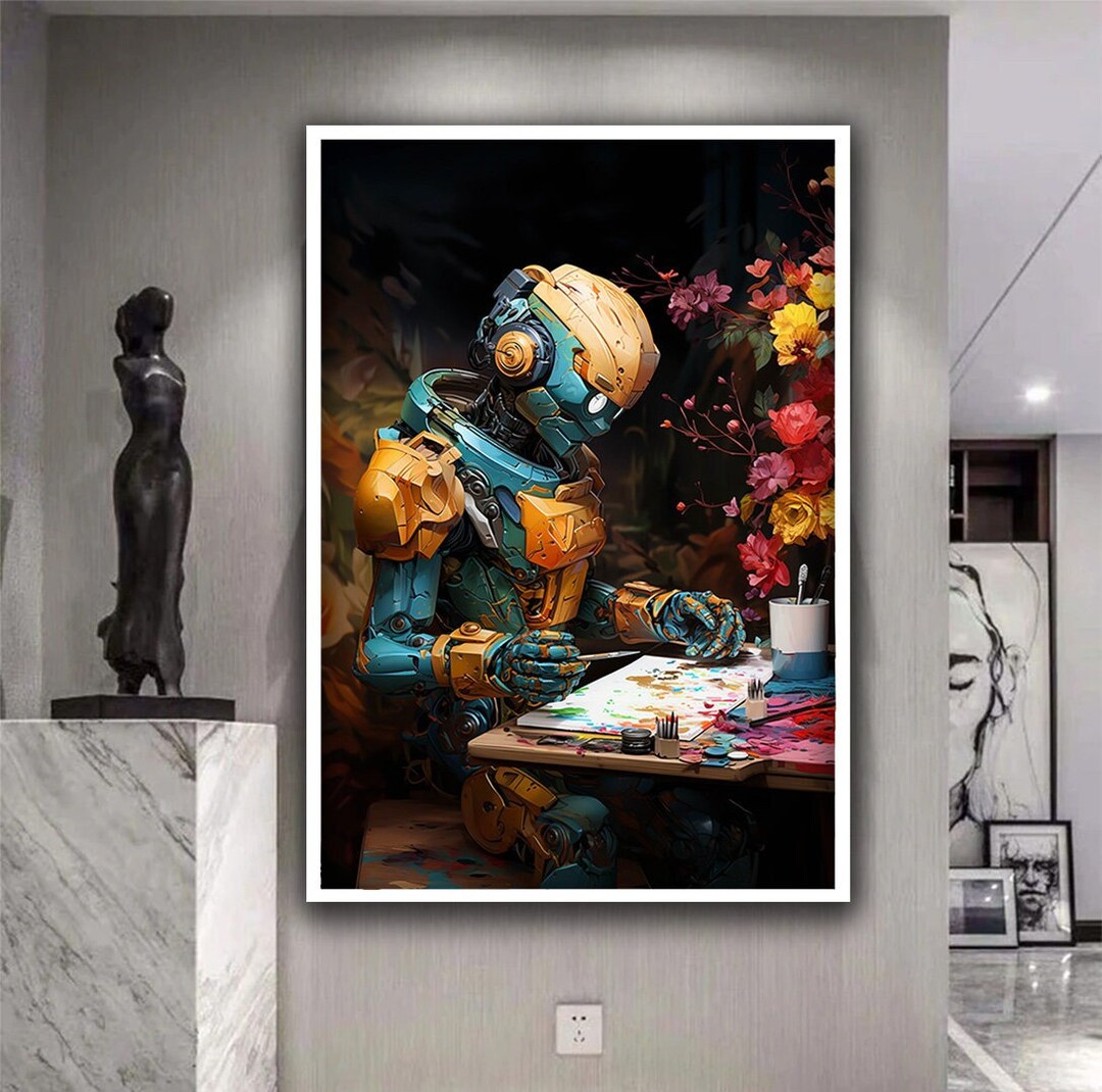 Painter Robot Wall Decor, Robot Canvas Painting, Artificial ...