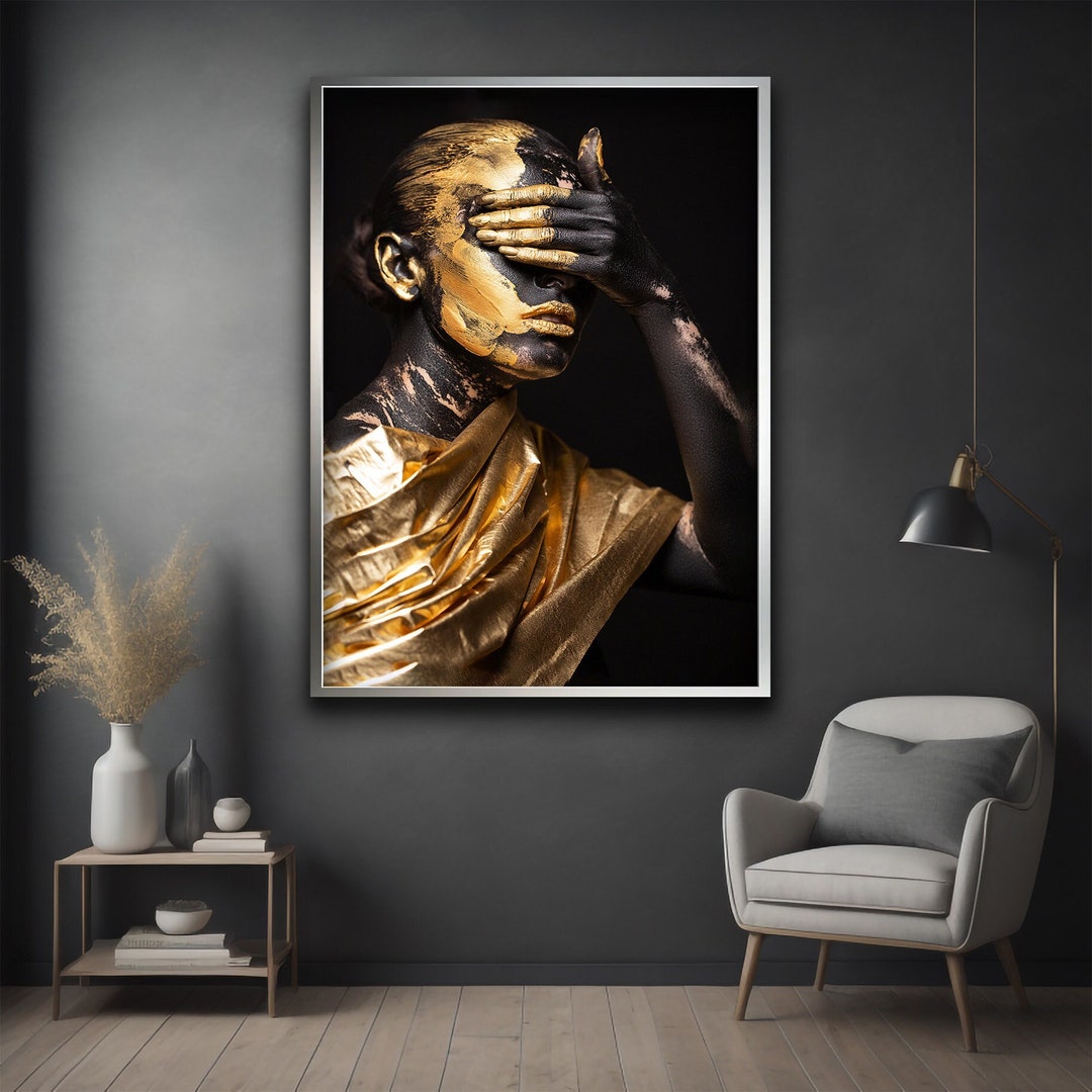 Dark African Woman Wall Decor, Gold Face Design Black Woman, Black Woman Canvas Panel, African ...