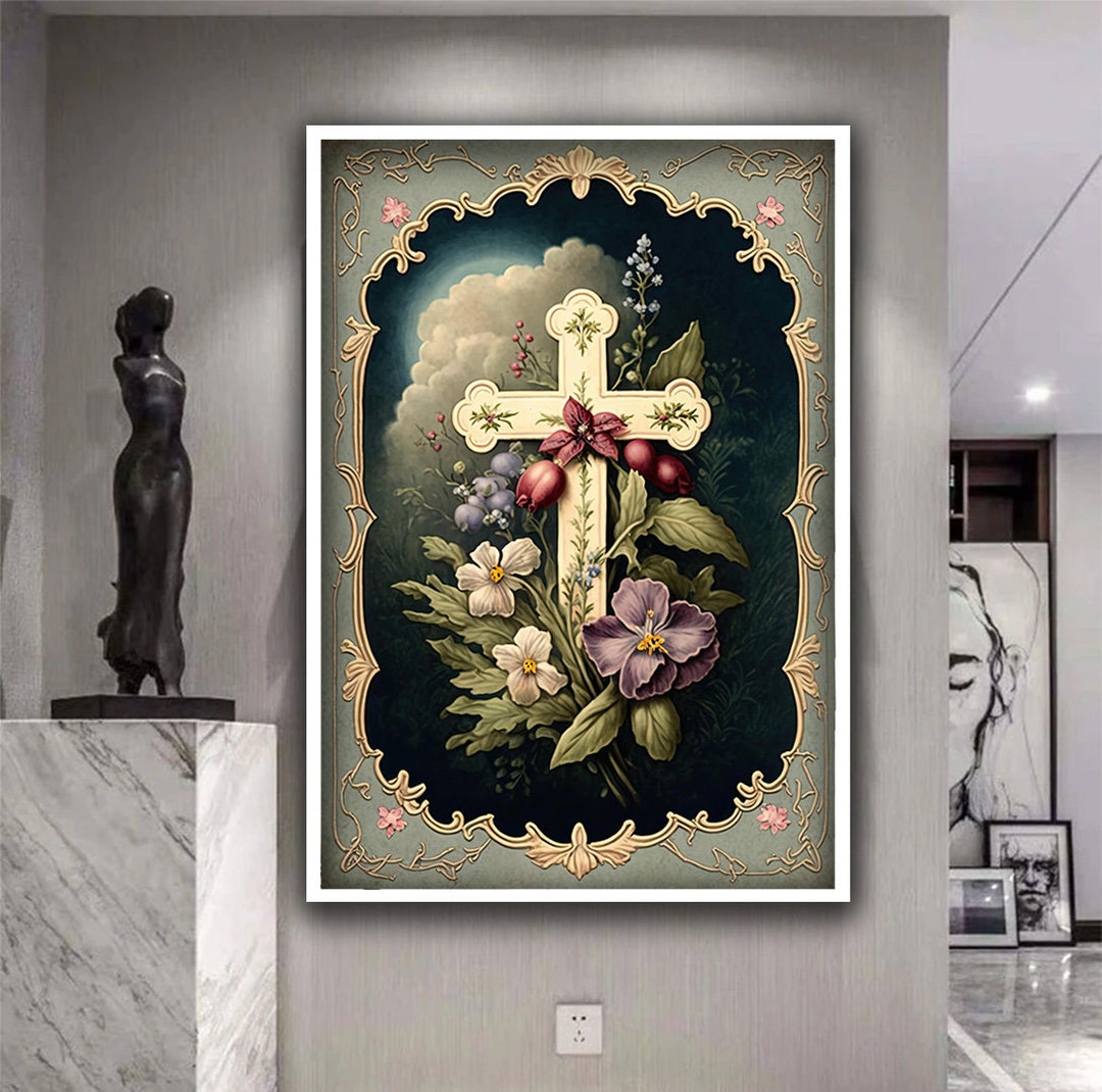 Crucifix Canvas Print, Crucifix With Flower Detail Canvas Print ...