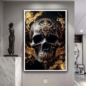 Black Skull Canvas Painting With Gold Detail, Black Skull Wall Art ...