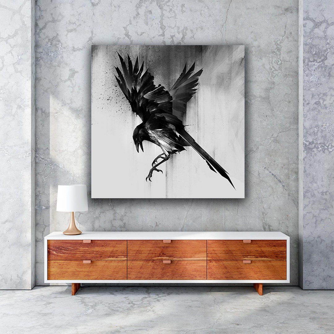 Wet Crow Canvas Painting, Dark Night Crow Wall Painting, Crow Sitting ...
