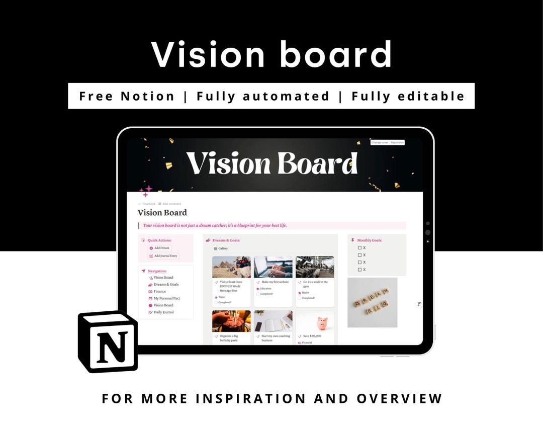 Notion Vision Board | All in One Notion Template Life Planner | Notion ...