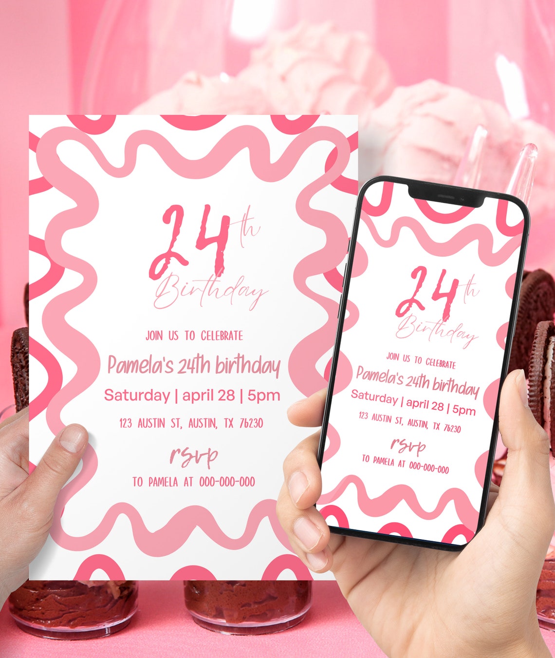 Pink Wavy Frame Birthday Party Invitation Template, Print and Digital ...
