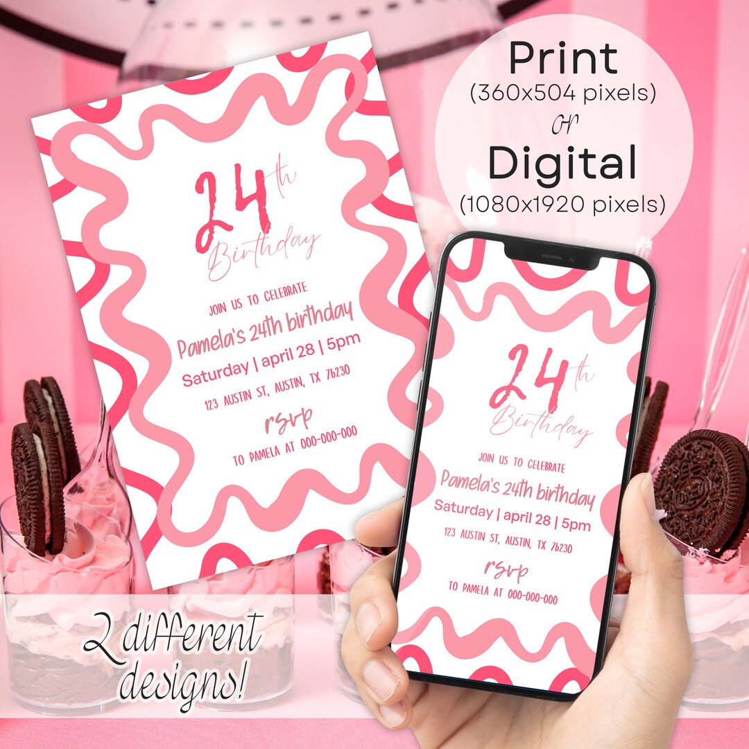 Pink Wavy Frame Birthday Party Invitation Template, Print and Digital ...